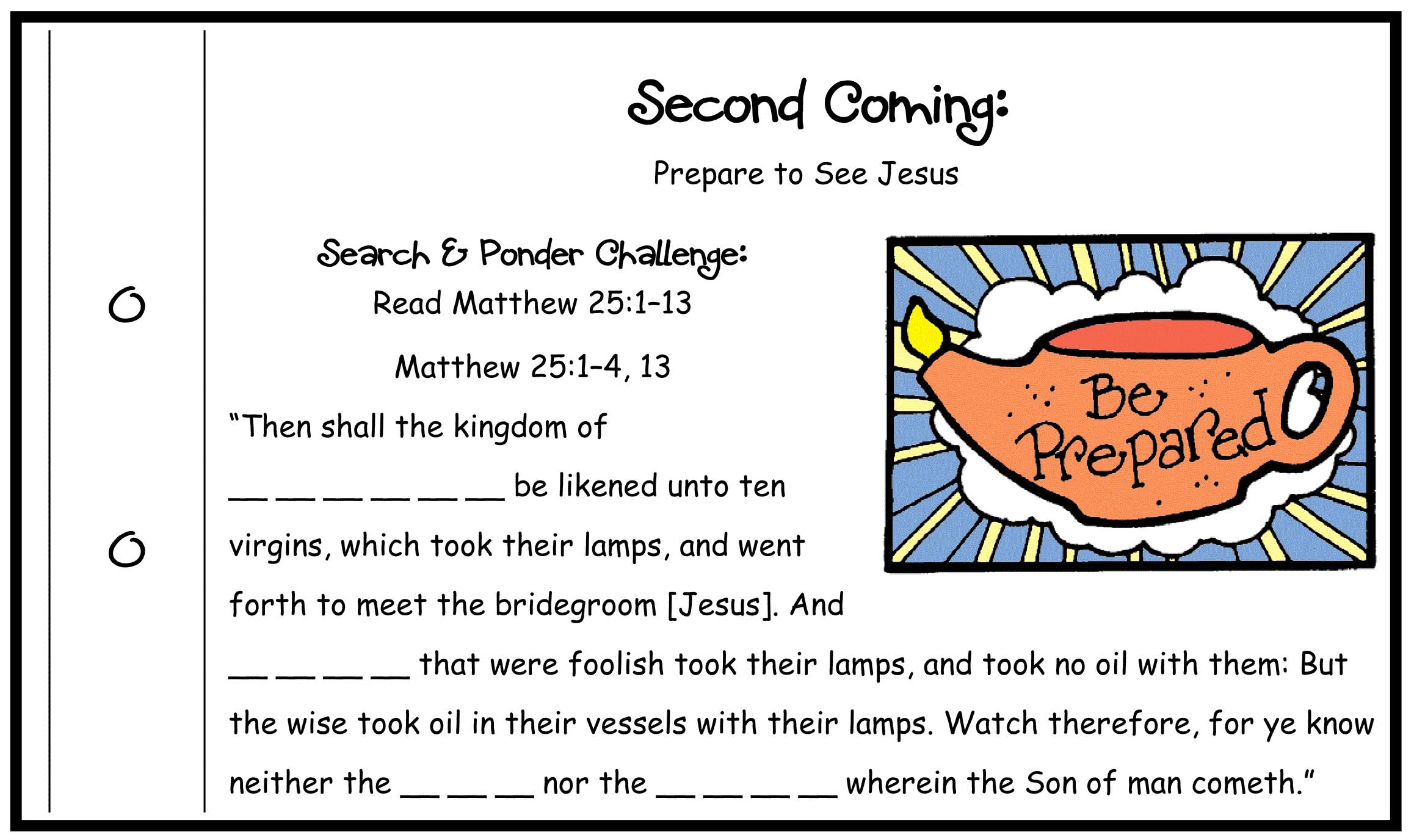 SECOND COMING Lesson Lifesaver Activity "Be Prepared" Second Coming ...